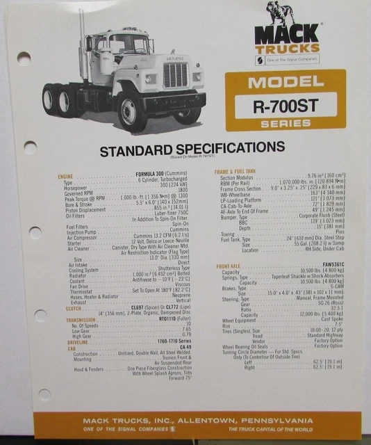 1981 MACK TRUCKS Model R 700ST Diagrams Features Sales Brochure ...