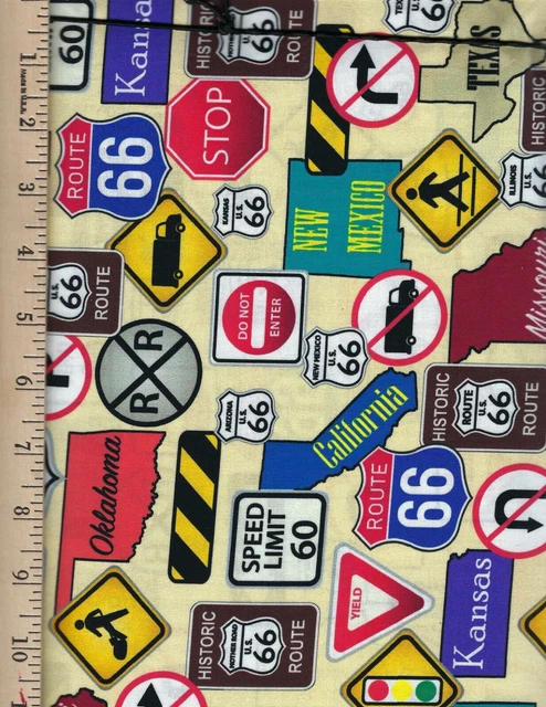 THIS & THAT II ROUTE 66 ROAD SIGNS CREAM 100% Cotton FABRIC priced by ...