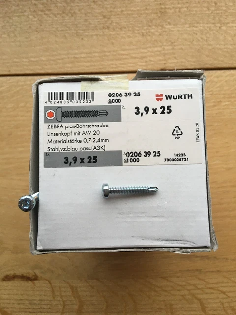 100 STÜCK ART. 02063925 Würth Zebra Pias Bohrschraube Stahl 3,9x25 AW ...