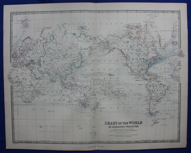 WORLD MAP, ON MERCATOR'S PROJECTION, large original antique map ...