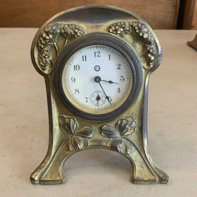 WORKS! VINTAGE ANTIQUE GOLD GILDED NOVELTY ART NOUVEAU WIND UP SMALL ...