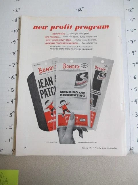 TRADE MAGAZINE AD 1964 BONDEX Coats & Clark clothing mending iron-on ...