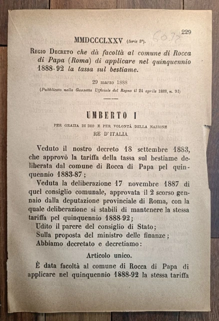 MIXTURE OF POPE 1888 Royal Decree X Apply The Tax On BESTIAME-6072 $26. ...