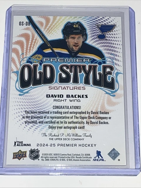 2024-25 PREMIER HOCKEY Old Style Signatures DAVID BACKES OS-DB Short ...