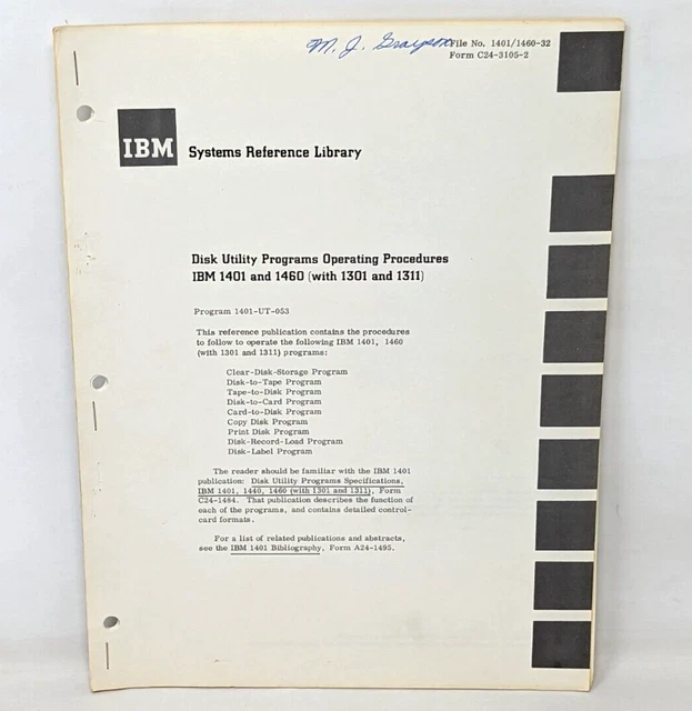 VTG IBM SYSTEM Reference Library 1401 1460 Disk Utility Operating ...