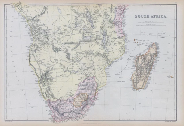 1882 LARGE ANTIQUE Colour Map of SOUTH AFRICA Madagascar by BLACKIE ...