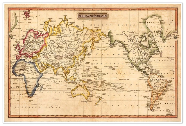 ELEGANTE MAPA MUNDIAL MERCATOR'S Tabla Atlas Estampado Alrededor 1822 - 24" EUR 20,12 - PicClick FR