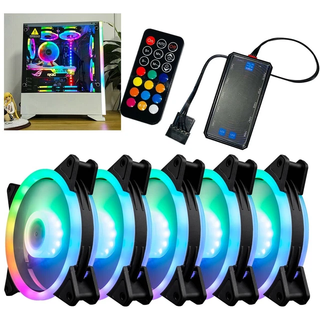 5 PACK 120MM RGB LED PC Case Fan Set Kit Hub Controller Remote Control ...