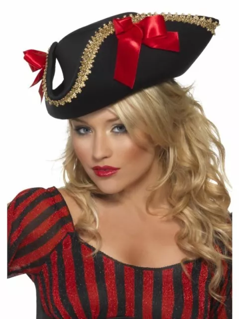 Pirate Hat Ladies Black Buccaneer Tricorn With Bow Fancy Dress Costume