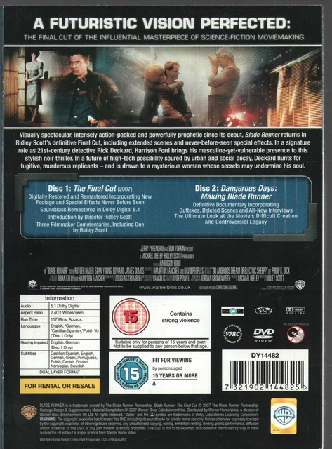 BLADE RUNNER FINAL Cut DVD Europe Warner Bros 2007 2 disc special ...