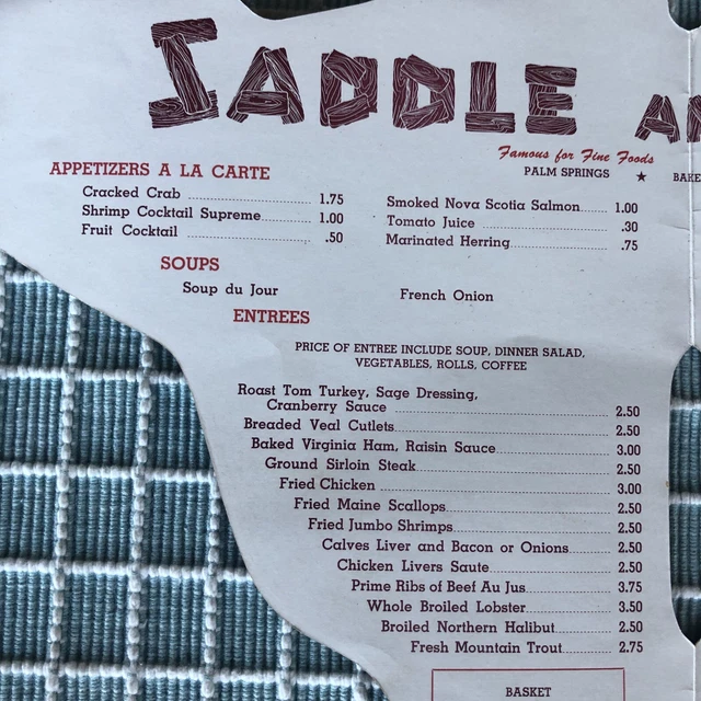 VINTAGE SADDLE AND Sirloin Restaurant Menu Palm Springs MENU Signed By ...