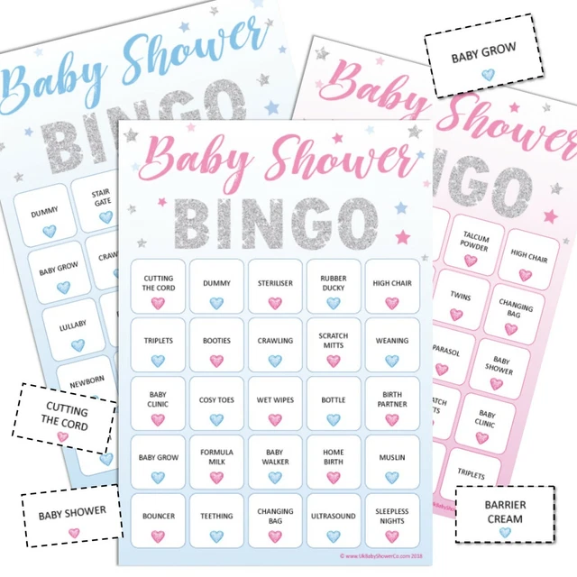 BABY SHOWER BINGO - Fun Party Game, 20 Players Boy Blue Girl Pink ...