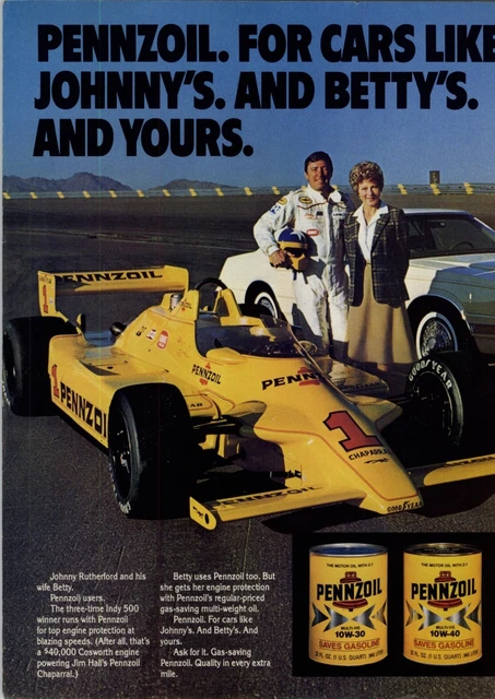 1981 PENNZOIL MOTOR Oil Print Ad Johnny Rutherford & Wife Indy Race Car ...