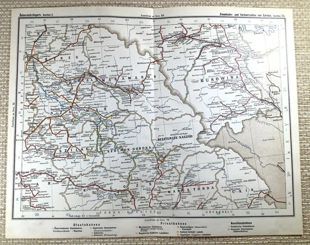 1905 ANTIQUE RAILWAY Map of Austro Hungarian Rail Railroad Bukovina ...