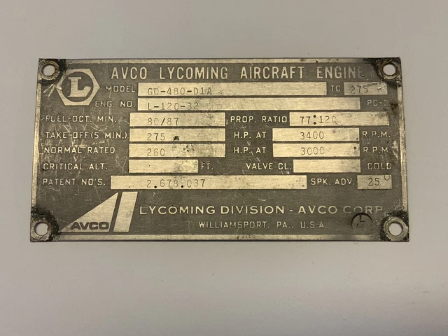 AVCO LYCOMING AIRCRAFT Engine Data Plate EUR 21,92 - PicClick FR