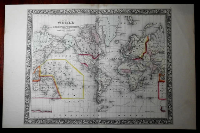 WORLD MERCATOR PROJECTION 1860 Mitchell map Exploration tracks Capt ...