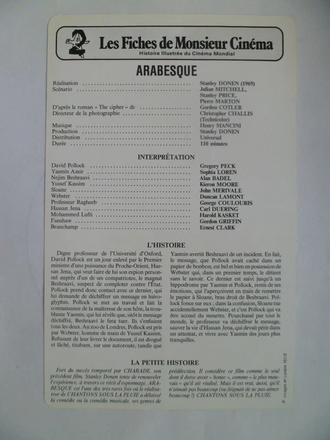 CARTE FICHE CINEMA 1965 ARABESQUE Gregory Peck Sophia Loren Alan Badel ...