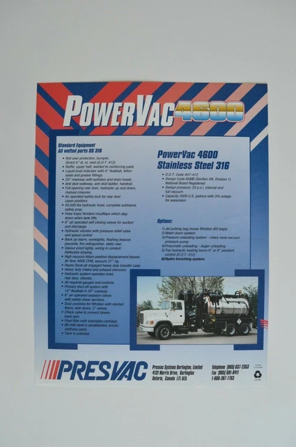 1994 PRESVAC POWERVAC 4600 Dealer Sheet Brochure - English - Canada $12 ...