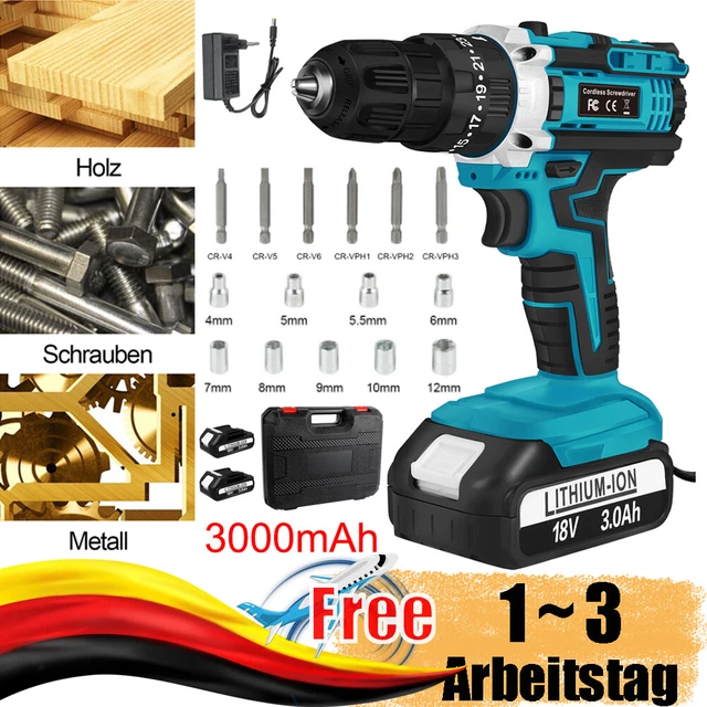 18V AKKUSCHRAUBER BOHRSCHRAUBER Set mit 2 Akkus 3.0Ah Akkubohrer 25Nm Drehmoment EUR 45,99 ...