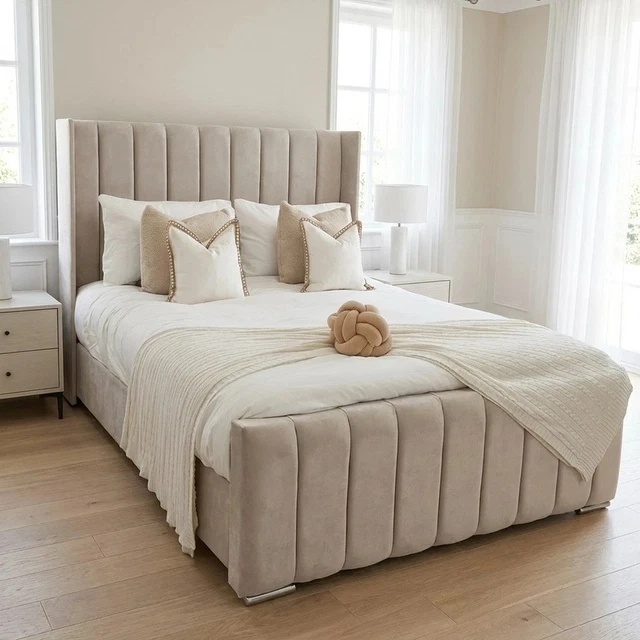 OTTOMAN WINGED PANEL Bed Frame Plush Velvet Upholstered Gas Lift ...