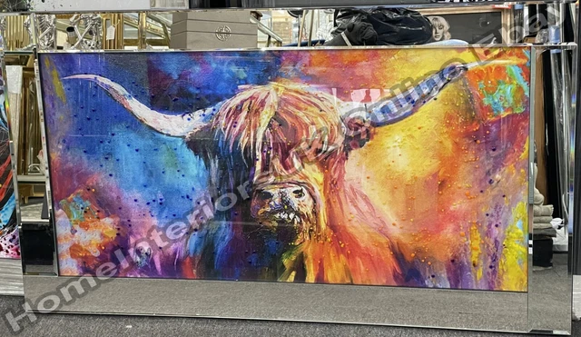 HIGHLAND COW WITH multi coloured liquid art & mirror frame wall art ...
