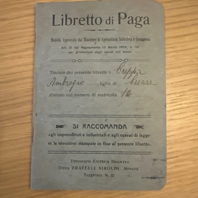 LIBRETTO DI PAGA-1933-ERA Fascista-Calzaturificio Rag.giuseppe Redaelli ...