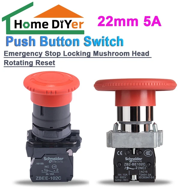 EMERGENCY STOP LOCKING Mushroom Head Push Button Switch 22mm 5A ...