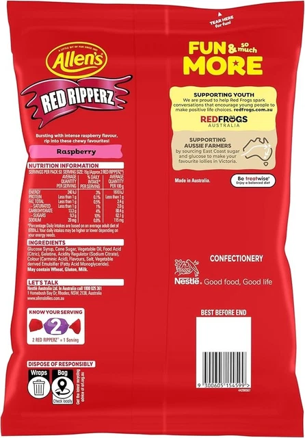 ALLEN'S RED RIPPERZ Chewy Raspberry Flavour Bulk Bag Lollies, 800G,,AUS ...