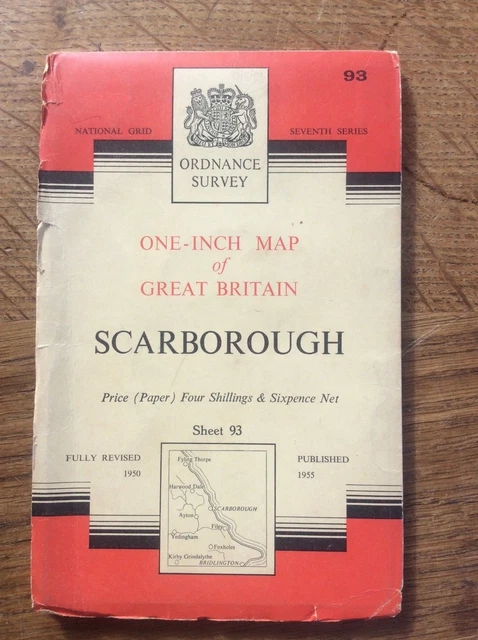 VINTAGE 1955 ORDNANCE Survey 1950s Fold Up Map 1” Scarborough Sheet 93 ...