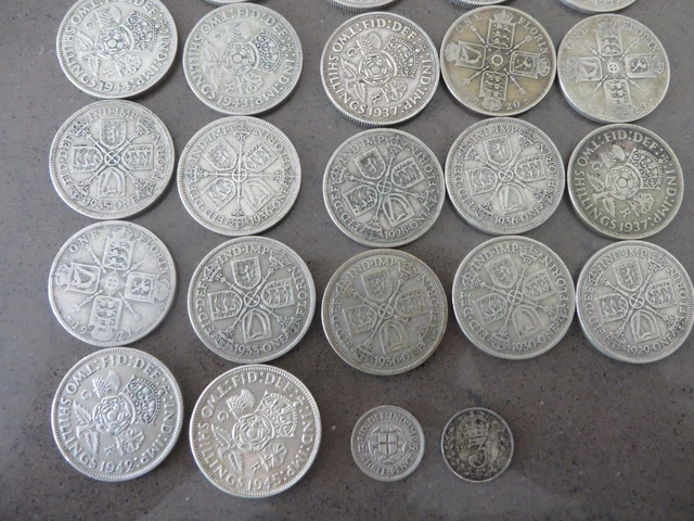 42 SILVER FLORINS two shilling pre 1947 florin + 2 threepence as ...