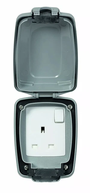 MK K46131GRY WEATHERPROOF Garden Single Switched Plug Socket 13A 1 Gang ...