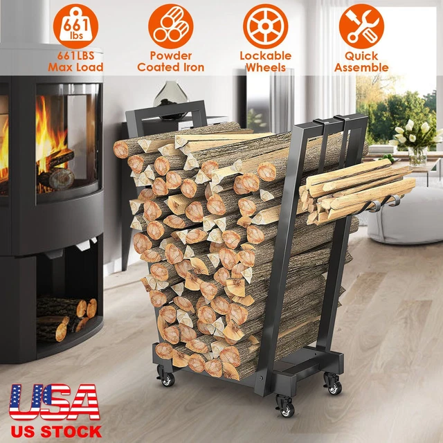 FIREWOOD LOG RACK Iron Wood Lumber Storage Stacking Rack with 2 Hooks 4 ...