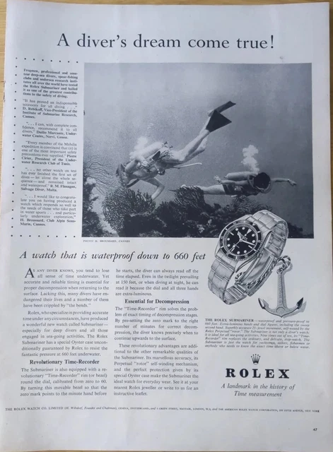 ROLEX WATCH PRINT Ad. 1957 Submariner Iconic Diver. Ephemera . Horology ...
