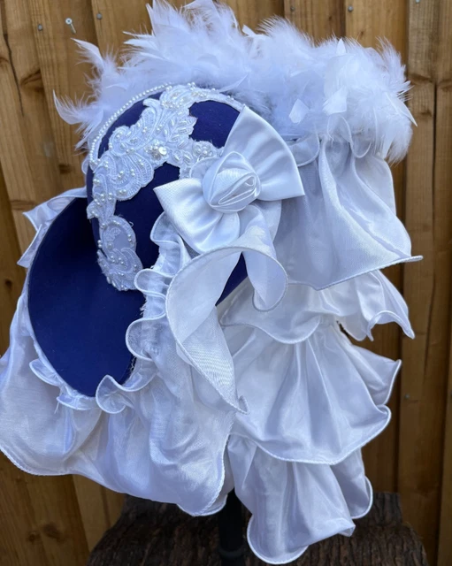 STUNNING FANCY BLUE White Wool Tricorn Pirate Hat Renaissance Bows 57cm ...