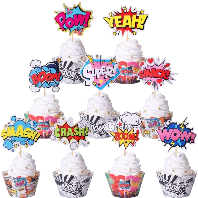 SUPERHEROS CUPCAKE TOPPERS Wrappers Boom Pow Hero Compleanno ...