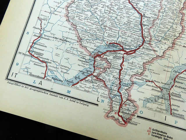 RAILWAY MAP OF Switzerland Chur St Gotthard Swiss Rail Antique Original ...