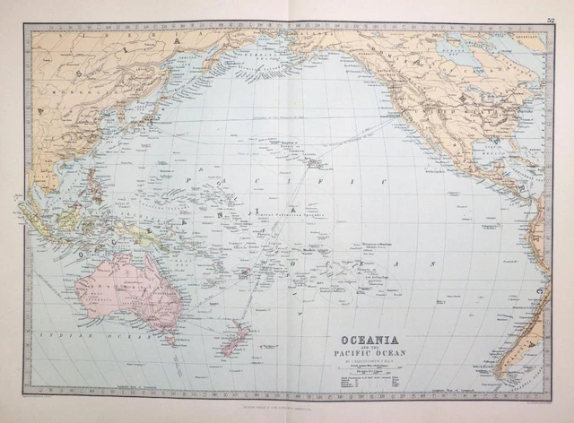 1883 - LARGE Antique Colour Map of PACIFIC OCEAN Australasia USA ...
