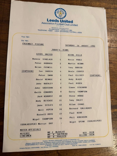 LEEDS UNITED V Aston Villa Friendly official team sheet August 16 1986 ...