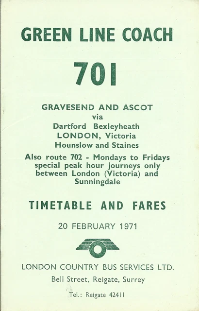 LONDON COUNTRY GREEN Line Coach 701 Timetable & Fares - Feb 1971 £1.76 ...