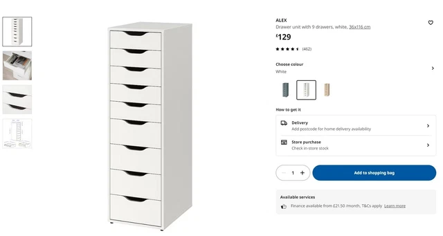 IKEA ALEX WHITE Drawer Unit With 9 Drawers - 116cm H - 36cm W - 48cm D ...