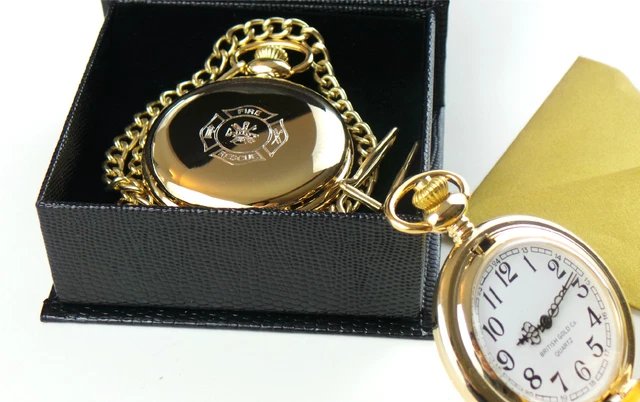 FIREFIGHTER 24K GOLD POCKET WATCH and Chain FIREMAN FIRE and RESCUE ...