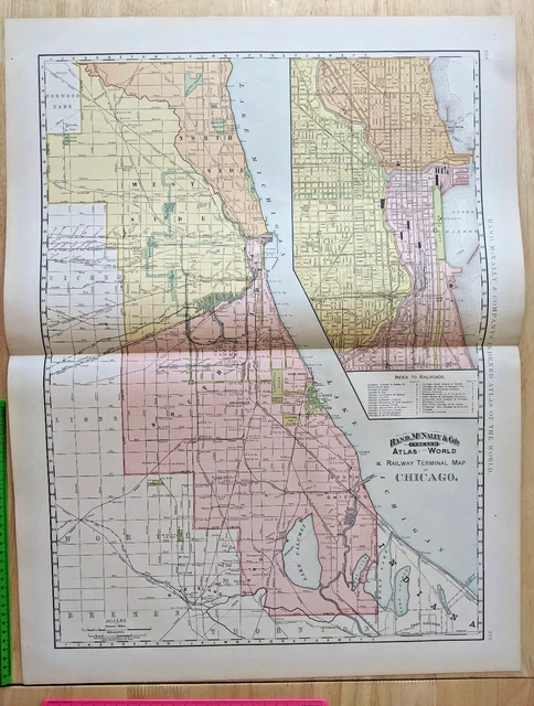 1889-1891 RAND MCNALLY Map of Chicago Rail Terminals (approx. 29" x 22 ...