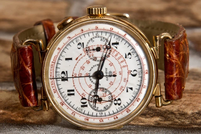UNIVERSAL WATCH GENEVA 18K GOLD CASE RARE 1930s MONOPUSHER CHRONOGRAPH ...