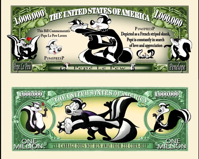 PEPE LE PEW Million Dollar Bill Play Funny Money Novelty Note with FREE ...