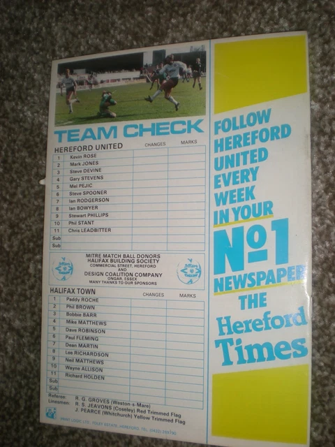 HEREFORD UNITED V HALIFAX TOWN, 27th FEB 1988, NO WRITING, VERY GOOD ...