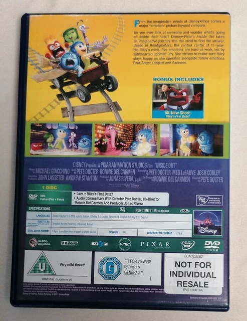 DVD - DISNEY Pixar Inside Out Animated Film DVD PAL Region 2 2015 Cert ...
