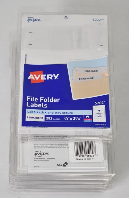 LOT OF 6 Avery Printable File Folder Labels Permanent 13 Cut White 252 ...