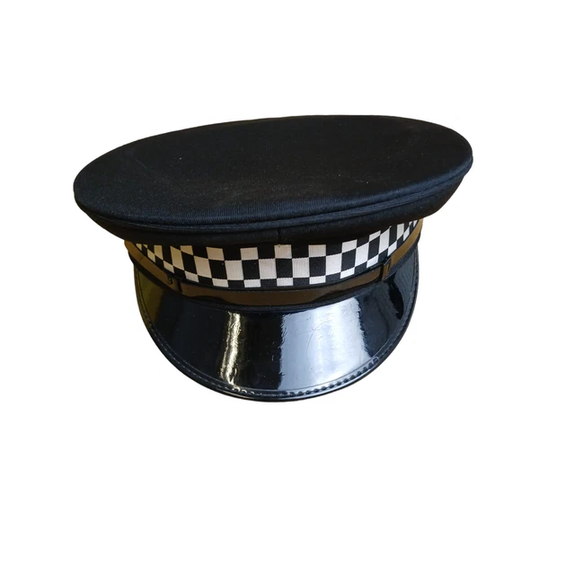 EX POLICE BLACK Peaked Cap Checked Band Collector Film TV Fancy Dress £ ...