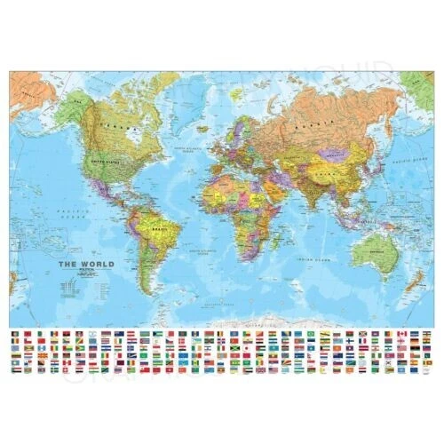 NEW WORLD MAP Geography, Atlas Map, With Flags A3 Laminated Educational ...