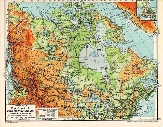 MAP ~ CANADA With Newfoundland ~ Physical & Political ~ Sandhurst Atlas ...